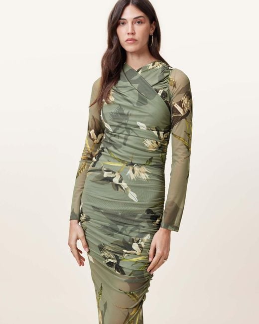 AllSaints Hanako Print Mesh Wrap Maxi Dress in Natural | Lyst