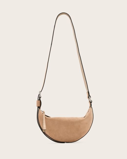 AllSaints Half Moon Suede Crossbody Bag in Natural | Lyst