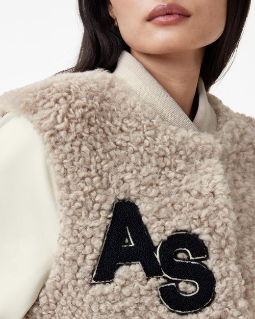 AllSaints Valerie Shearling Patch Jacket,, Off in Natural | Lyst
