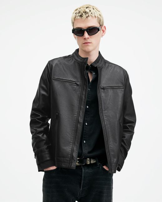 AllSaints Jade Tab Collar Leather Jacket in Black for Men | Lyst