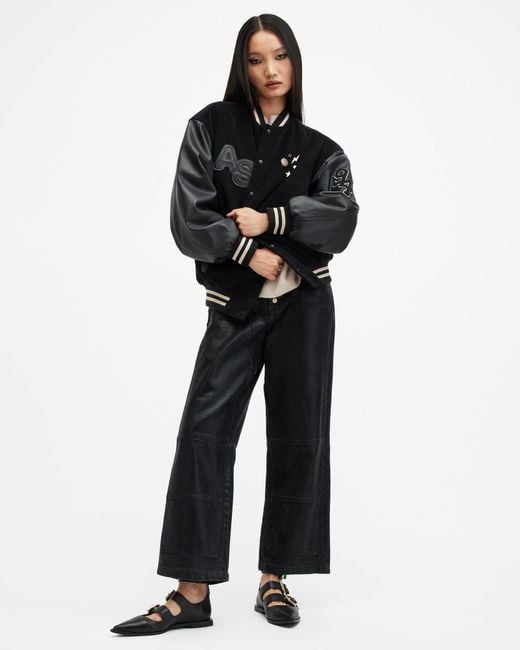 AllSaints Valeria Varsity Leather Bomber Jacket in Black | Lyst