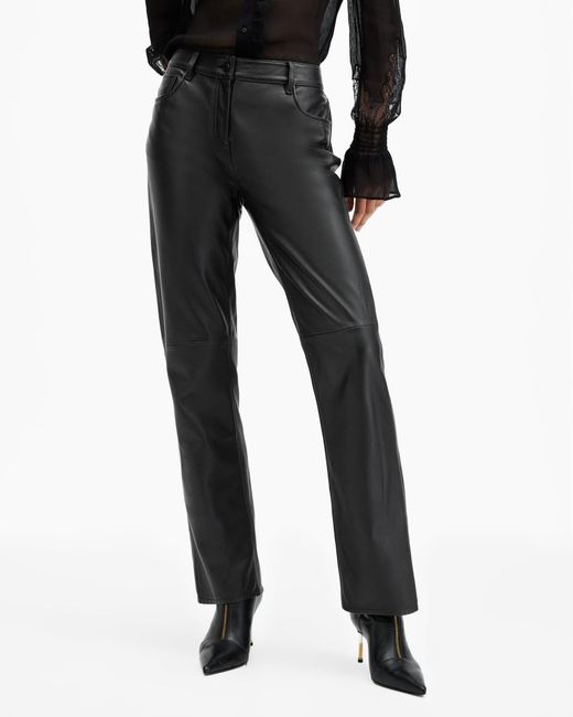 AllSaints Saige Straight Fit Leather Pants in Black | Lyst