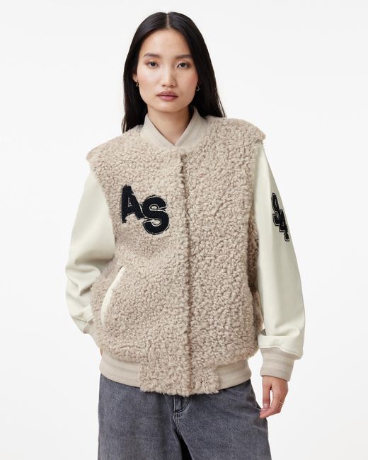 AllSaints Valerie Shearling Patch Jacket,, Off in Natural | Lyst