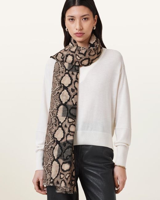 AllSaints Flow Snake Print Logo Pareo Scarf in White | Lyst