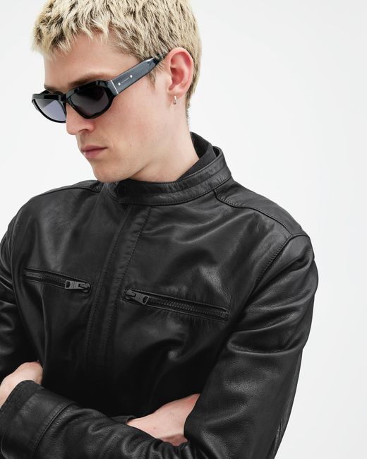 AllSaints Jade Tab Collar Leather Jacket in Black for Men | Lyst