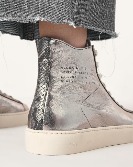 AllSaints Tana Metallic Leather High Top Trainers in Natural | Lyst