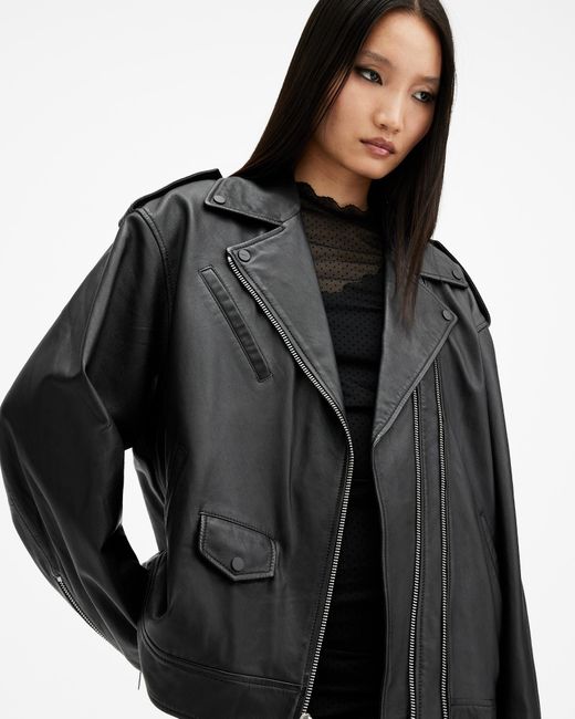 AllSaints Daylen Oversized Leather Biker Jacket in Black | Lyst