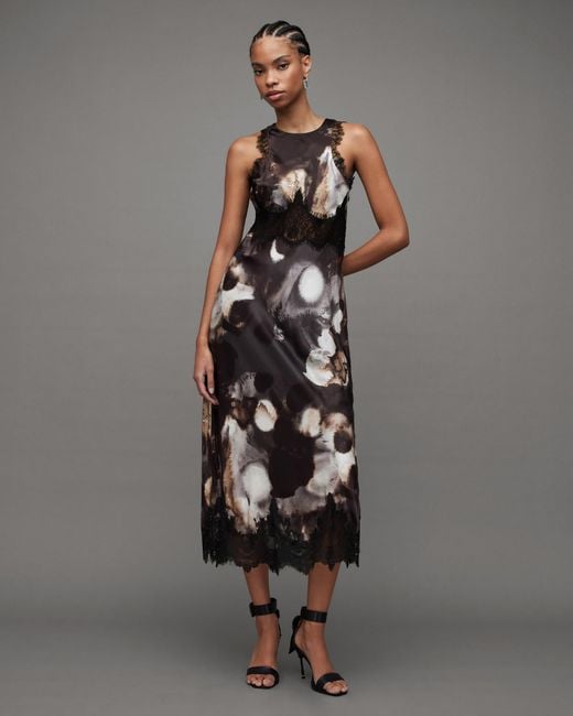 AllSaints Alula Mars Print Silk Blend Maxi Dress in Grey | Lyst UK