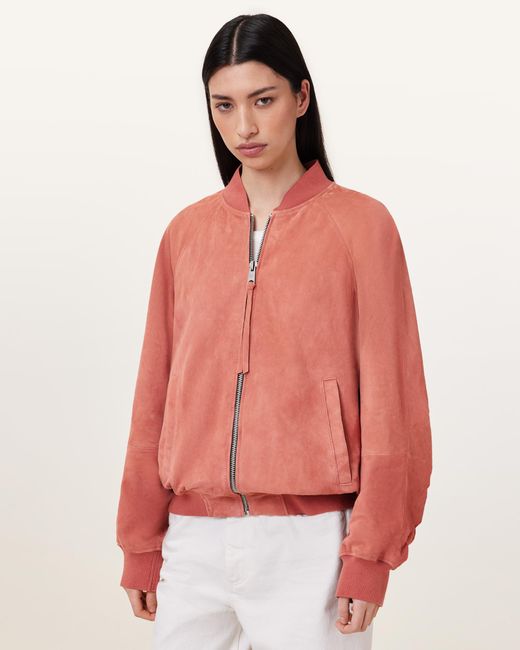 AllSaints Dana Relaxed Fit Suede Bomber Jacket in Red | Lyst UK