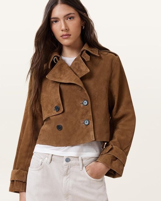 AllSaints Hendry Cropped Suede Trench Coat in Brown | Lyst