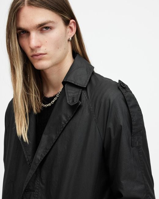 AllSaints Allman Waxed Water Repellent Mac in Black for Men | Lyst