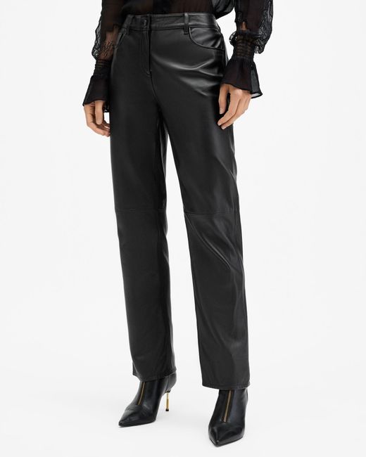AllSaints Saige Straight Fit Leather Pants in Black | Lyst