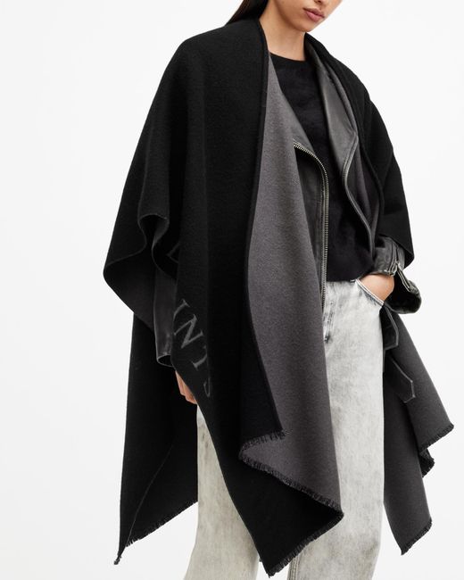 AllSaints Saints Border Logo Wool Ruana Scarf in Black | Lyst