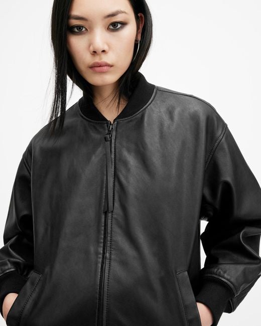 AllSaints Belle Oversized Leather Bomber Jacket in Black | Lyst