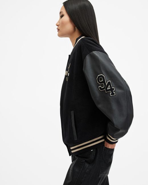 AllSaints Valeria Varsity Leather Bomber Jacket in Black | Lyst