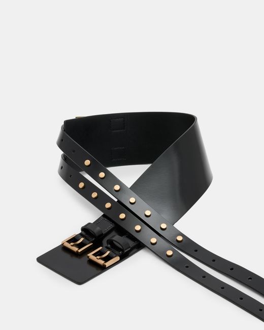 AllSaints Elodie Double Buckle Leather Waist Belt,, Patent/Brass in Black | Lyst