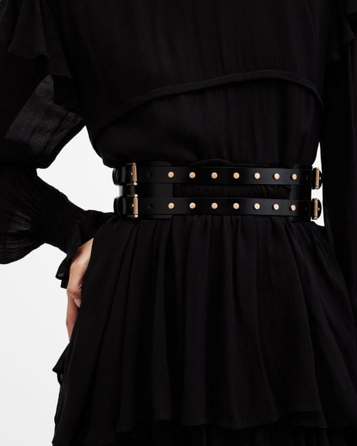 AllSaints Elodie Double Buckle Leather Waist Belt,, Patent/Brass in Black | Lyst
