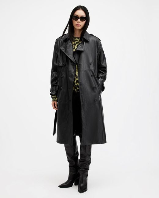 AllSaints Hendry Relaxed Fit Leather Trench Coat in Black | Lyst UK