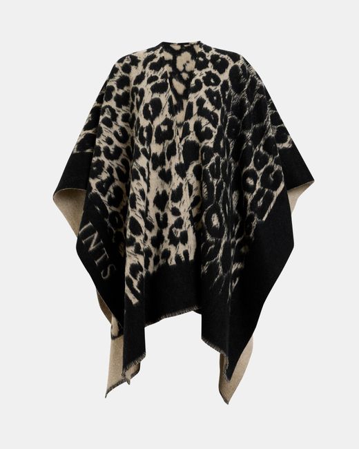 AllSaints Wool Draped Leopard Border Logo Ruana Scarf in Black | Lyst