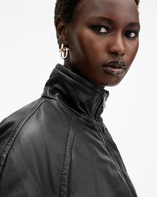 AllSaints Rowan Funnel Neck Leather Bomber Jacket in Black | Lyst