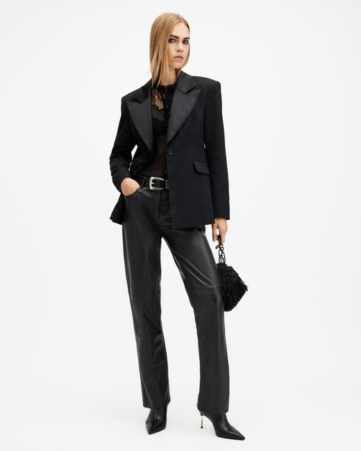 AllSaints Saige Straight Fit Leather Pants in Black | Lyst