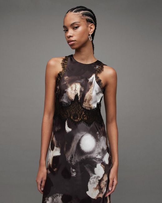 AllSaints Alula Mars Print Silk Blend Maxi Dress in Grey | Lyst UK