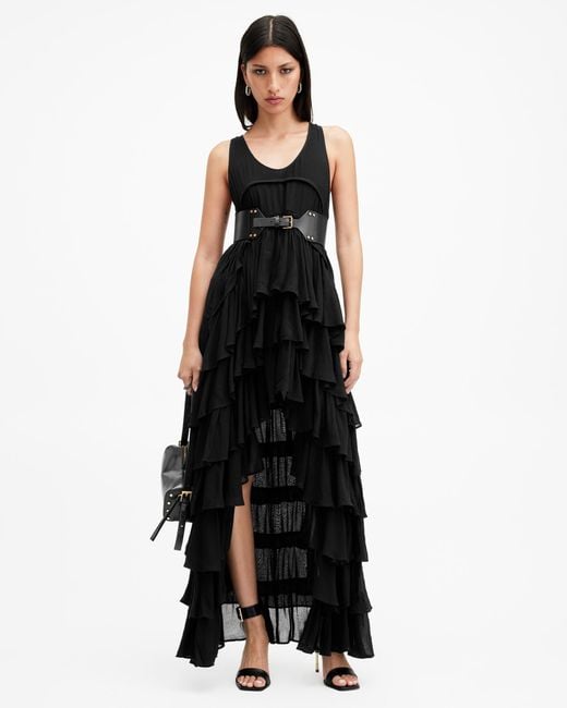 AllSaints Cavarly Tiered Ruffle Maxi Dress in Black | Lyst Australia