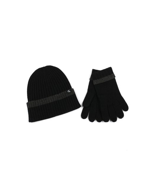 Calvin Klein Bold Tipping Rib Cuff Hat And Glove Set in Black for Men ...