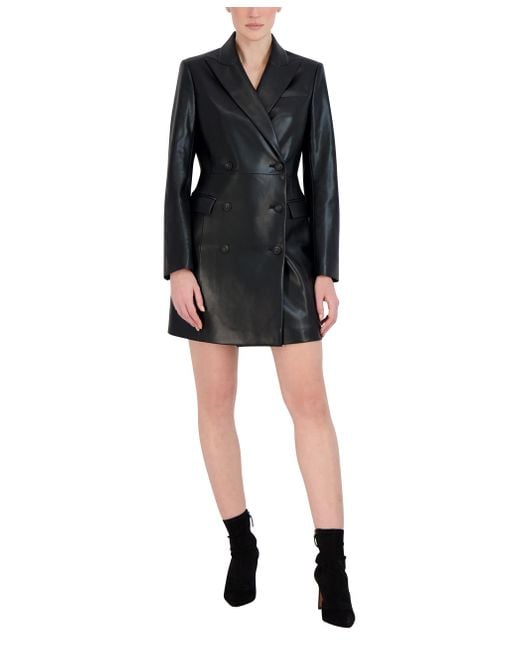 Bcbgmaxazria Faux Leather Double Breasted Blazer Cocktail Dress Long Sleeve V Neck Peak Lapel