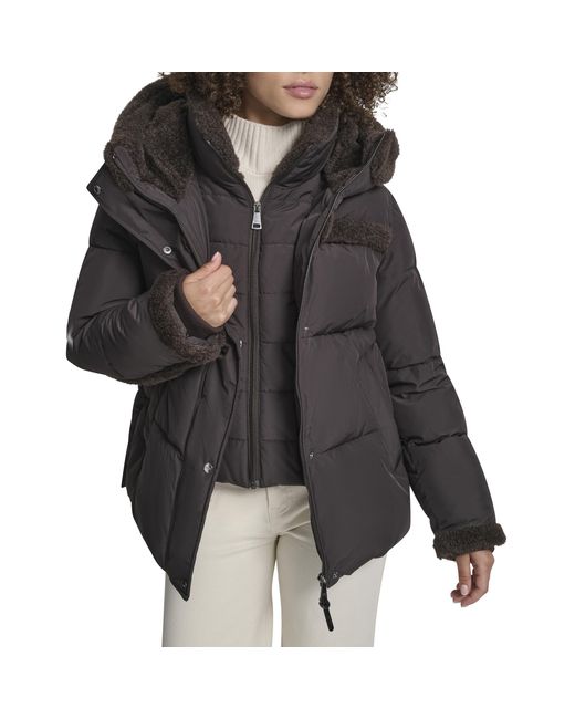 DKNY Short Puffer Coat With Hood And Faux Fur Trim – Quilted Winter in ...