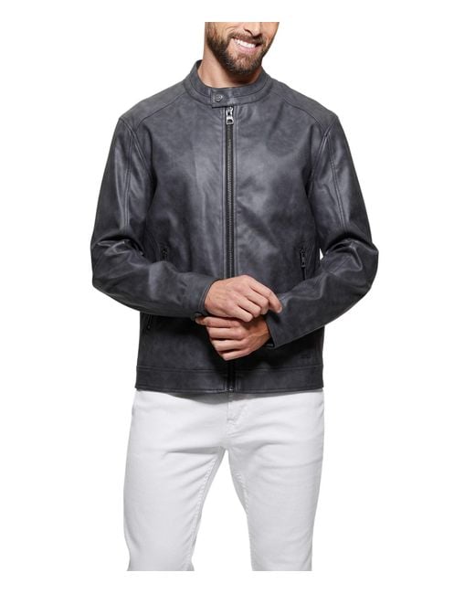Guess Fitted Faux Leather Jacket in Blue for Men | Lyst