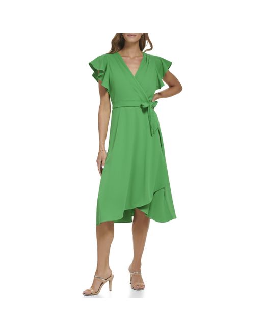 DKNY Flutter Sleeve Tie Fit & Flare Midi Dress in Green | Lyst