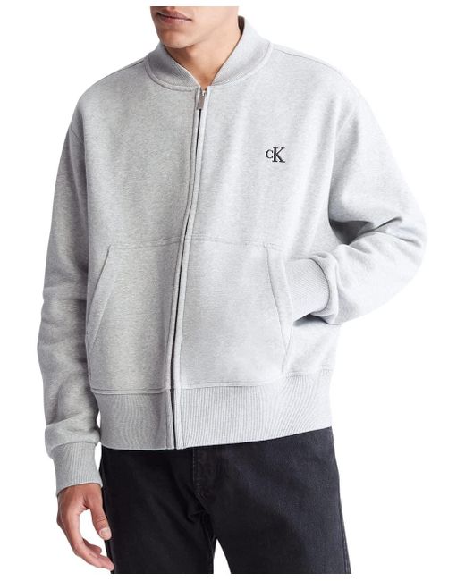 Calvin Klein Relaxed Fit Archive Logo Fleece Bomber Jacket in Gray for ...