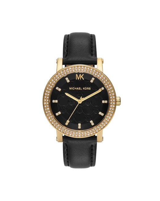 Michael Kors Corey Three-hand Black Leather Watch in Metallic | Lyst