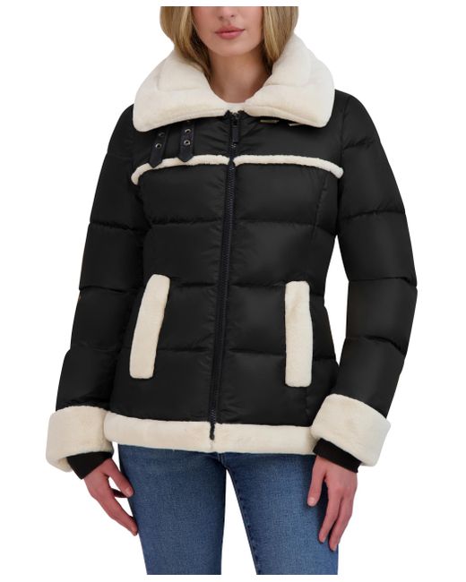Laundry by Shelli Segal Satin Puffer Jacket With Faux Fur Trim in Black ...