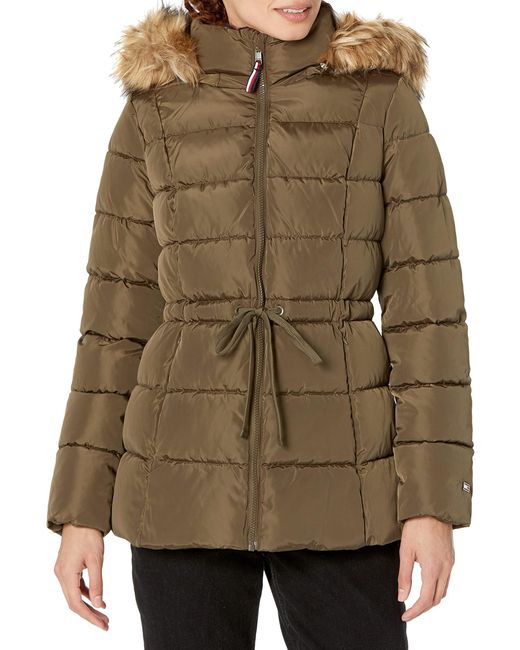 Tommy Hilfiger Fur Hood Zip Up Short Puffer Jacket in Brown | Lyst