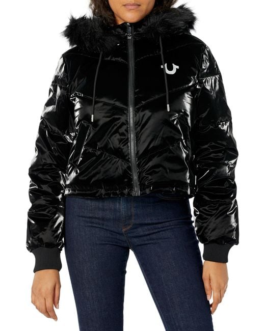 True Religion Faux Fur Hooded Puffer Jacket in Black | Lyst