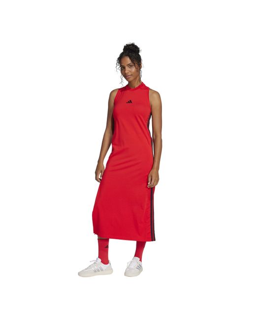 adidas Essentials 3-stripes Long Racerback Dress in Red | Lyst