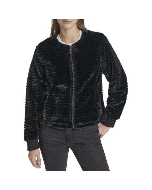Andrew Marc Zip Front Collarless Faux Fur Jacket in Black | Lyst