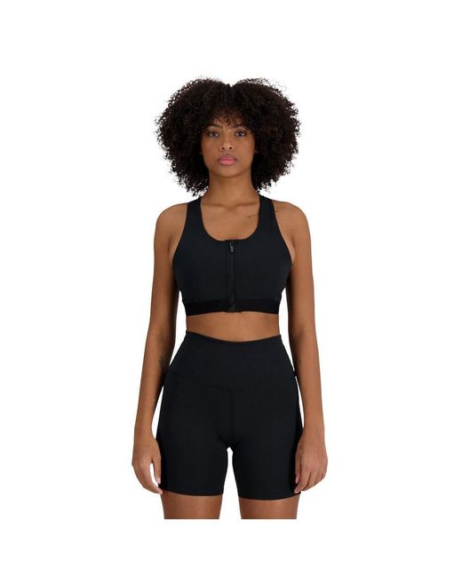 New Balance Sleek Medium Support Pocket Zip Front Sports Bra in Black ...