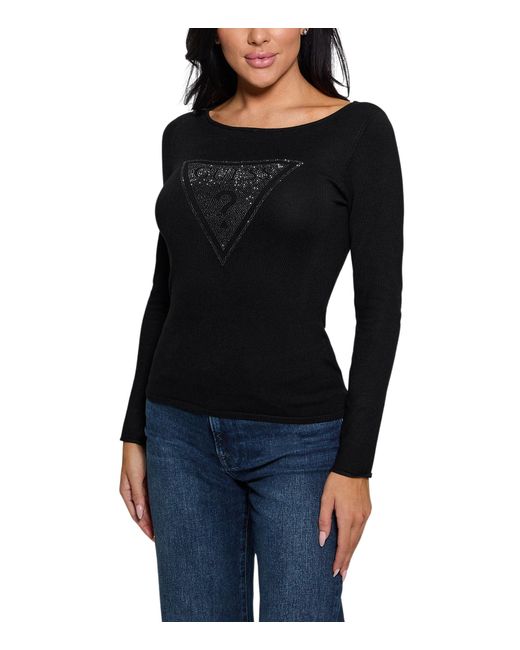 Guess Eco Long Sleeve Triangle Logo Eliza Sweater in Black | Lyst