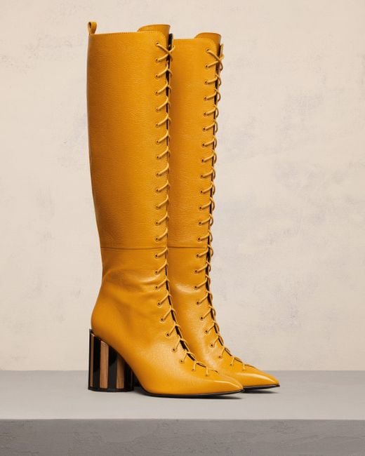 Ami Paris Pointed Toe Lace-Up Knee High Boots in Yellow | Lyst