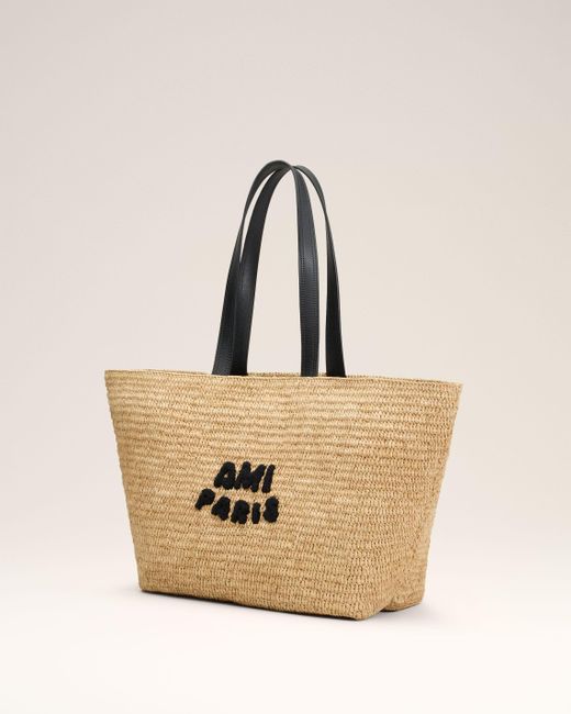 Ami Paris Leather Rafia Tote Bag in Natural | Lyst