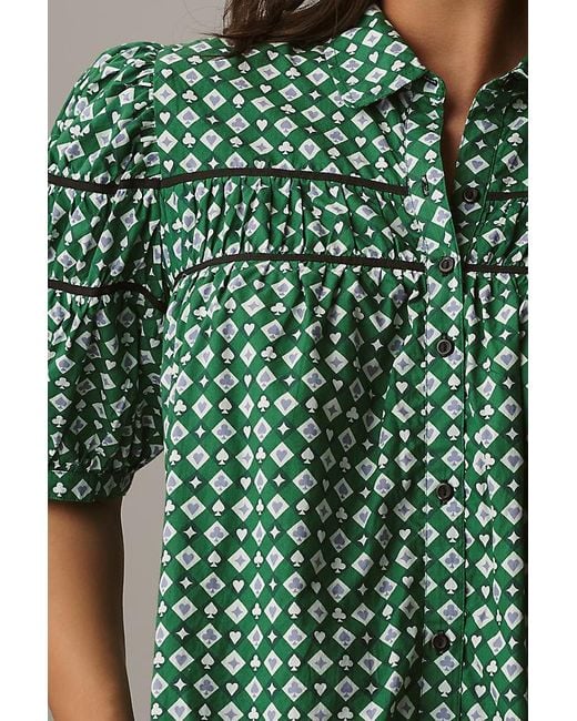 Maeve The Leandra Shirred Yoke Mini Dress By in Green | Lyst UK