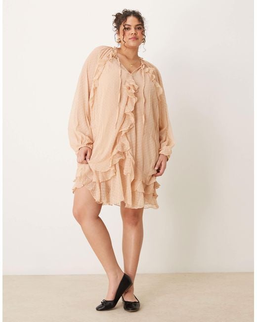 ASOS Asos Design Curve Dobby Chiffon Mini Dress With Ruffles & Blouson Sleeve in Natural | Lyst