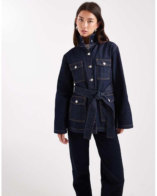 ASOS Denim Funnel Jacket With Tie Waist in Blue | Lyst UK