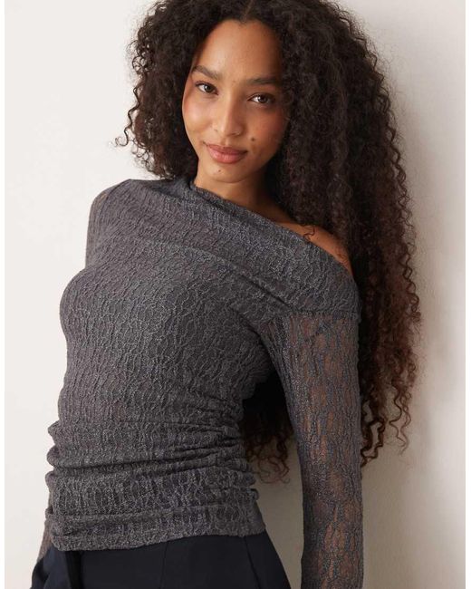 Mango Asymmetric Long Sleeve Lace Top in Grey | Lyst UK