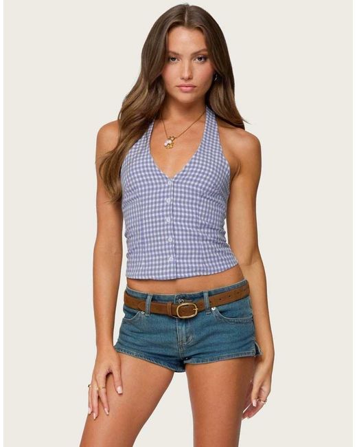 Edikted Evan Gingham Button Up Halter Top in Blue | Lyst UK