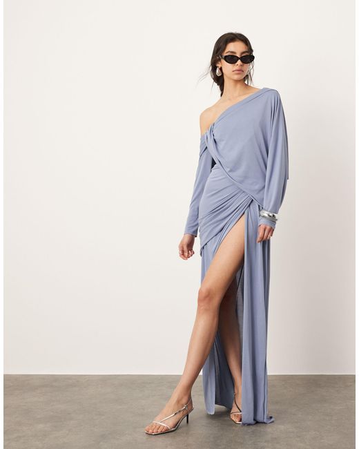 ASOS Draped Off Shoulder Maxi Dress With Waist Detail in Blue | Lyst