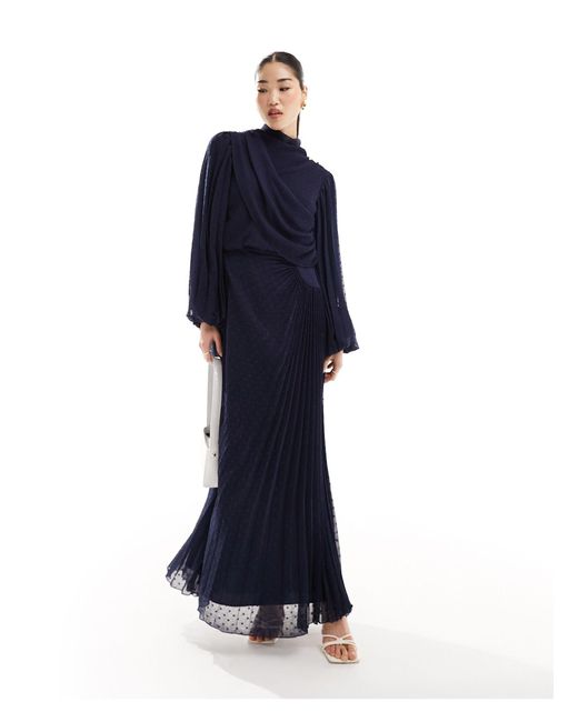 ASOS High Neck Wrap Bodice Pleated Dobby Wrap Maxi Dress in Blue | Lyst